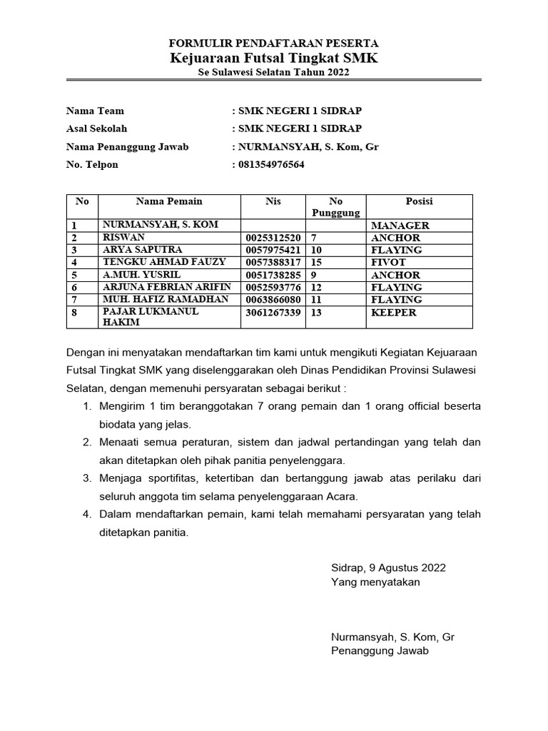 Formulir Pendaftaran Peserta Futsal | PDF