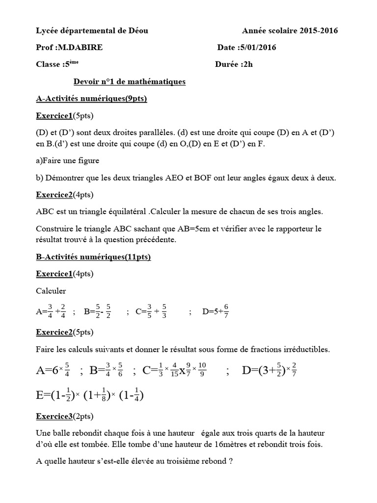 Devoir N1 5è Maths | PDF