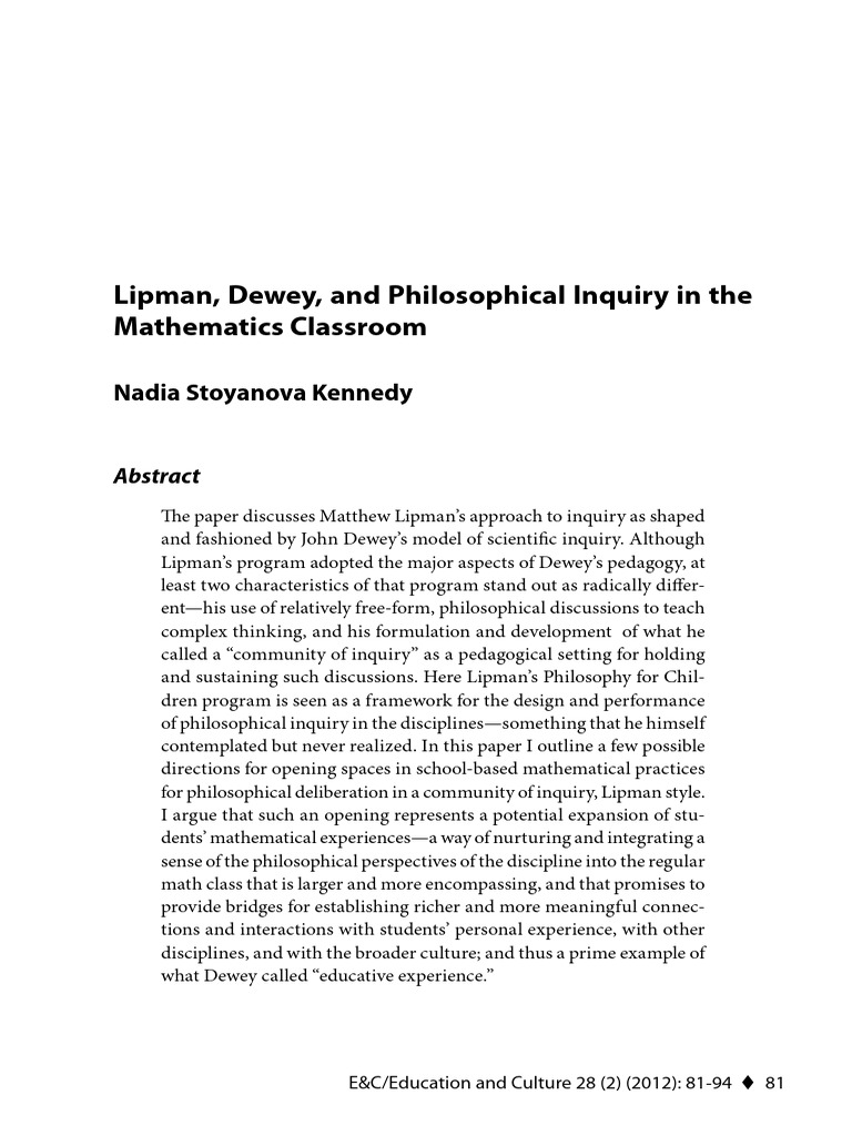 Lipman and Dewey: Inquiry in Math Class | PDF | Inquiry | John Dewey