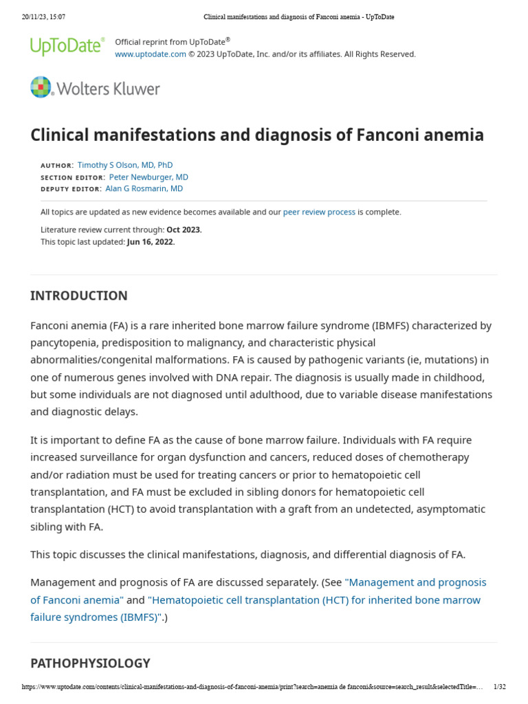 Clinical Manifestations and Diagnosis of Fanconi Anemia - UpToDate ...