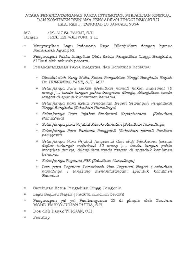 Susunan Acara Penandatangan Komitmen Bersama Pakta Integritas 2024 | PDF Susunan Acara Penandatangan Komitmen Bersama Pakta Integritas 2024 | PDF