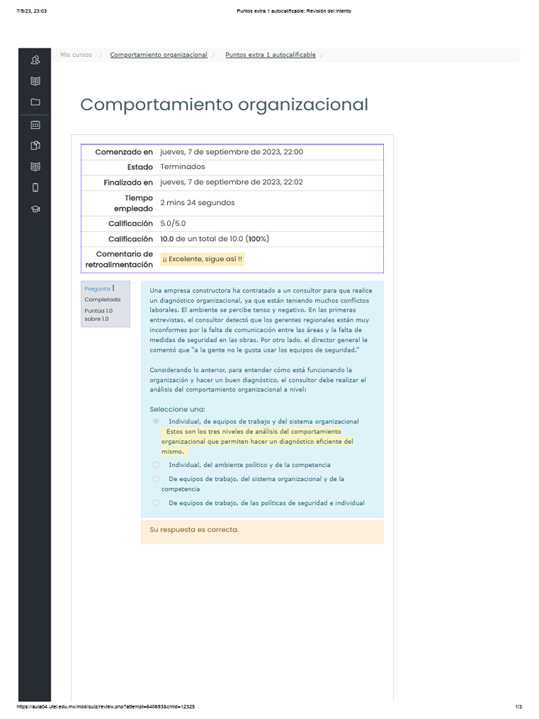 Puntos Extra 1 Autocalificable - Revisión Del Intento | PDF | Comportamiento organizacional ...