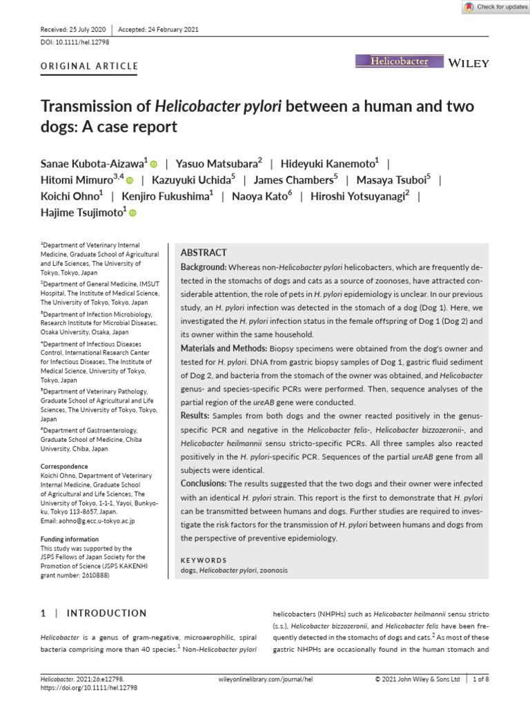 2021 Transmission of Helicobacter Pylori Between A Human and Two Dogs A ...