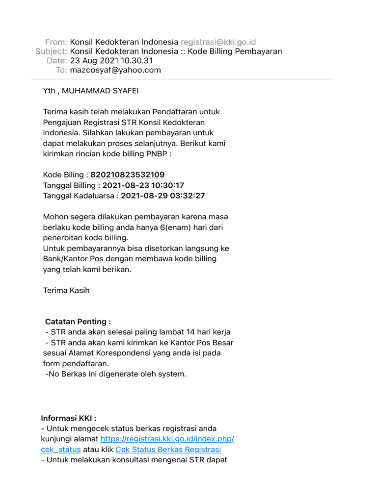 Pembayaran Kode Billing STR KKI | PDF