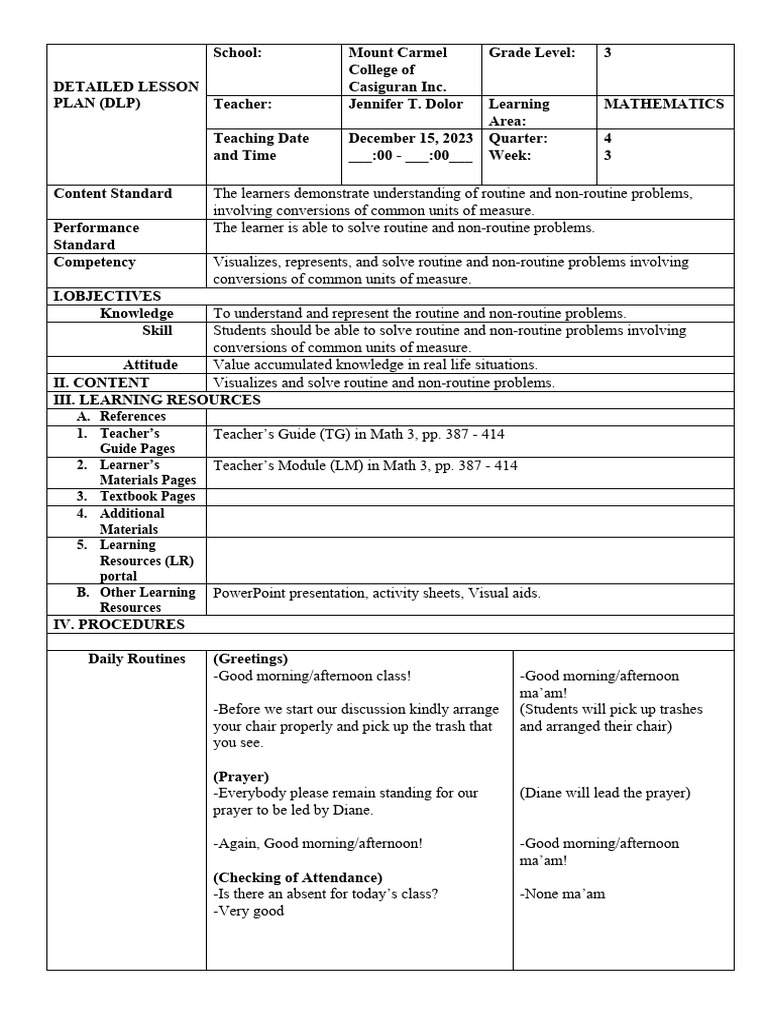 Detailed Lesson Plan For Math 3 | PDF | Cognitive Science | Science