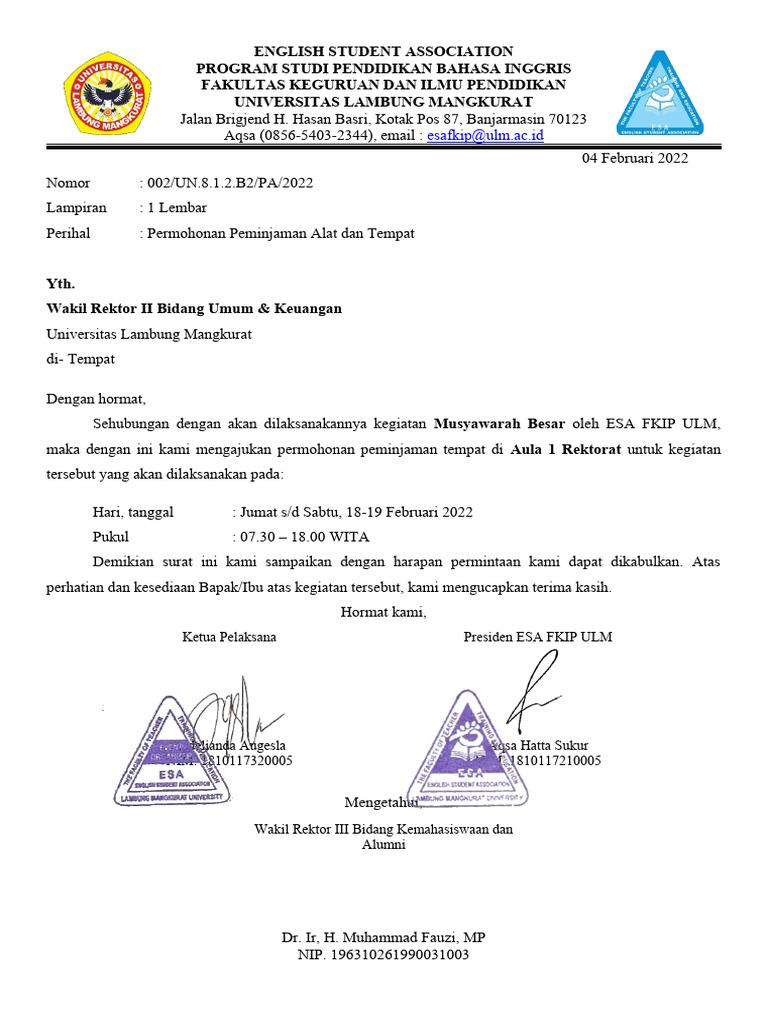 Surat Peminjaman Aula 1 Rektorat (Mubes) | PDF