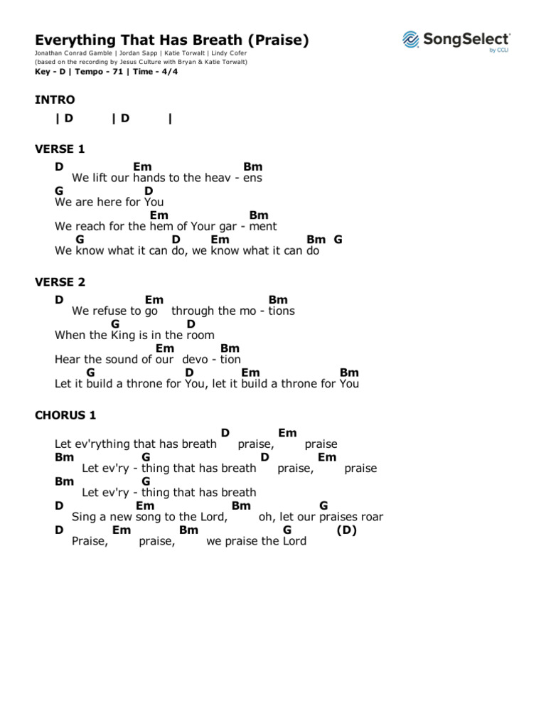 Everything That Has Breath (Praise) - SongSelect Chart in D | PDF