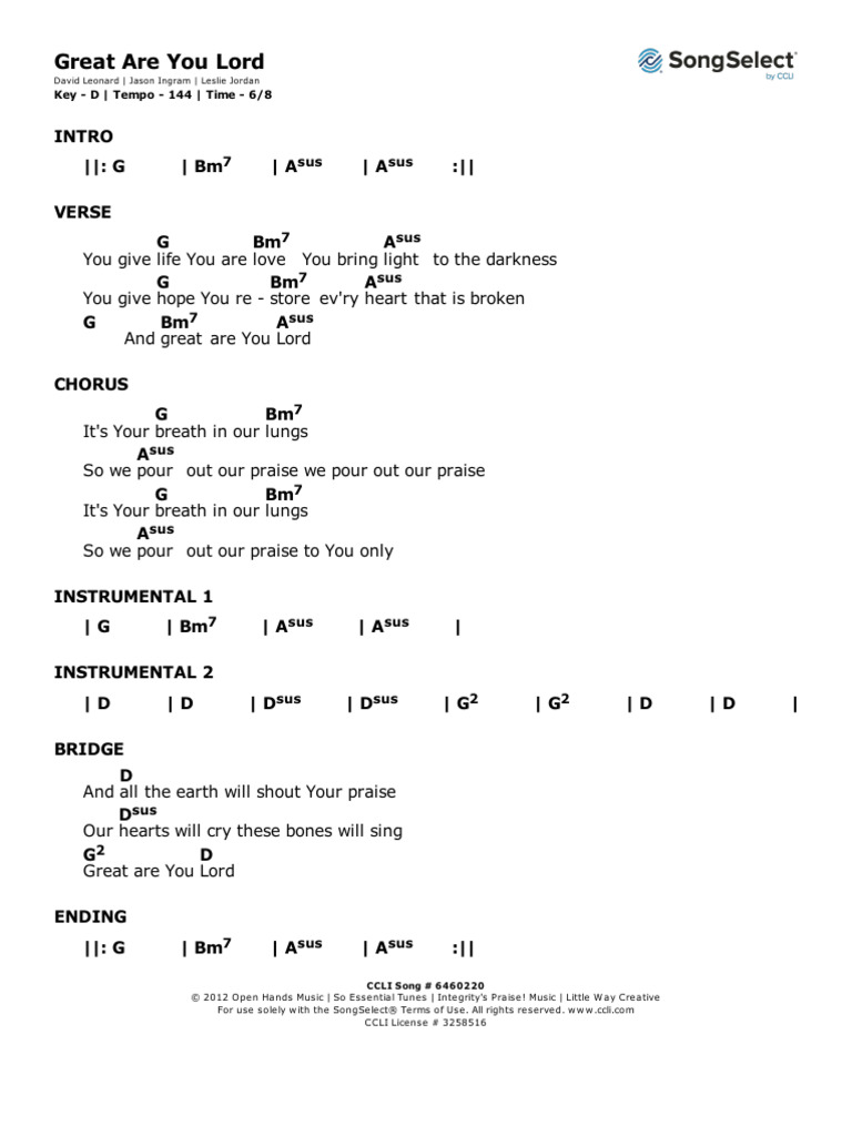 Great Are You Lord - SongSelect Chart in D | PDF