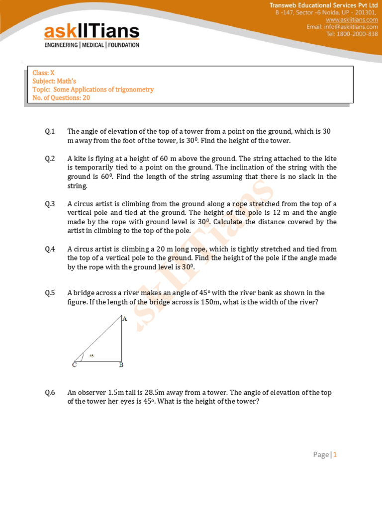 Trigonometry Problems for Class X | PDF | Height | Angle
