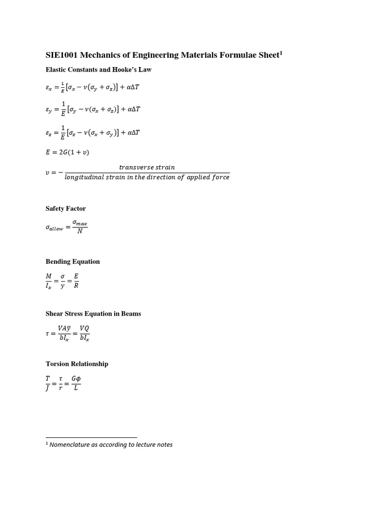 SIE1001 Mechanics of Engineering Materials Formulae Sheet 2017 | PDF ...