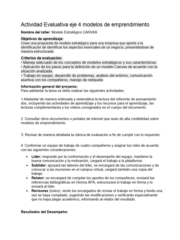 Actividad Evaluativa Eje 4 Modelos de Emprendimiento | PDF | Business ...