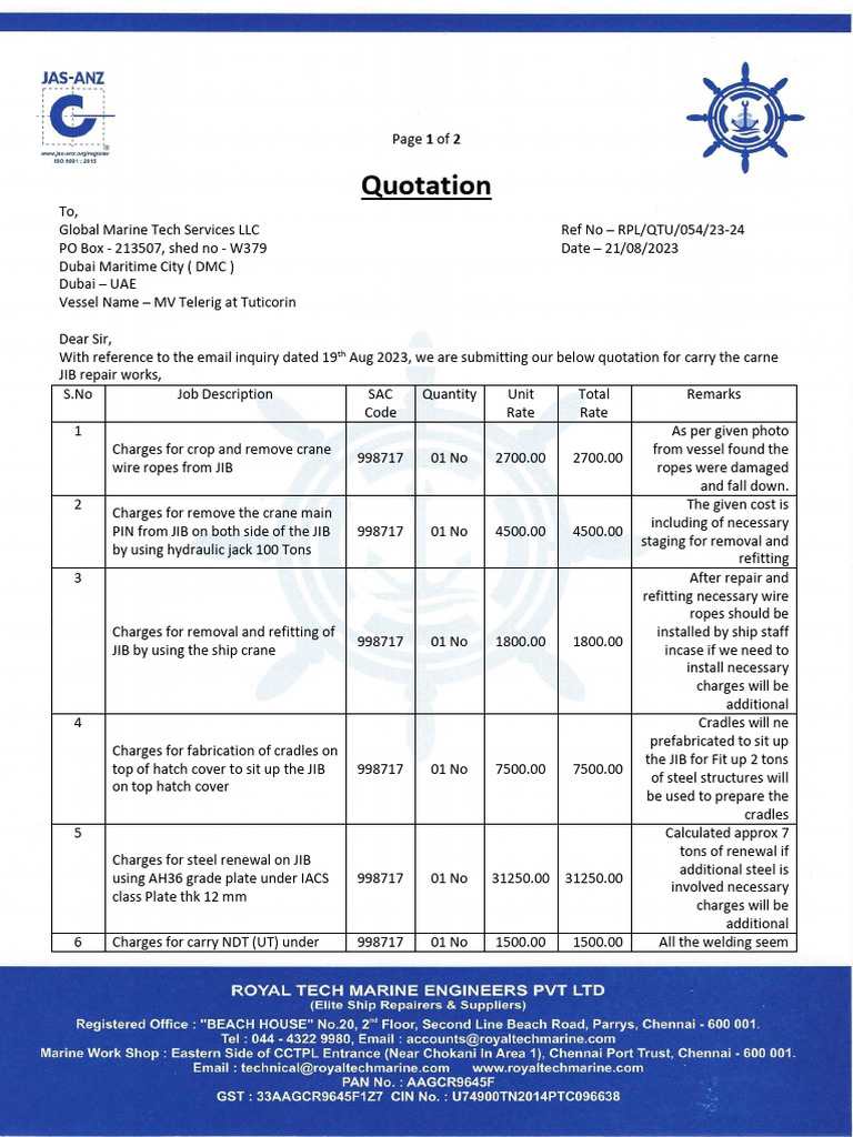 Quotation For Crane JIB Repair Works at Tuticorin Port | PDF | Crane ...