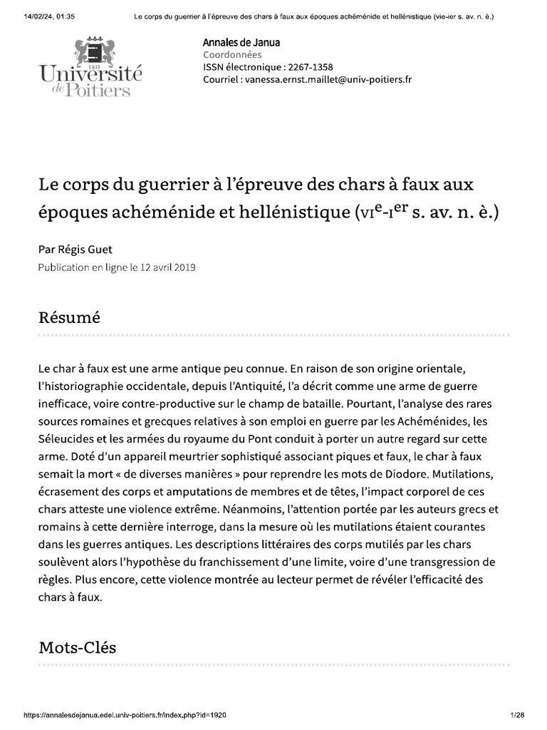 Le Corps Du Guerrier À L'épreuve Des Chars À Faux Aux Époques Achéménide Et Hellénistique (Vie ...