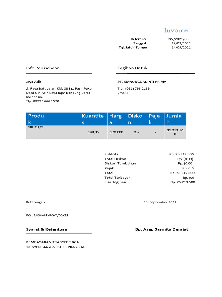 Contoh Invoice Split 1-2 13 Sep 2021 | PDF