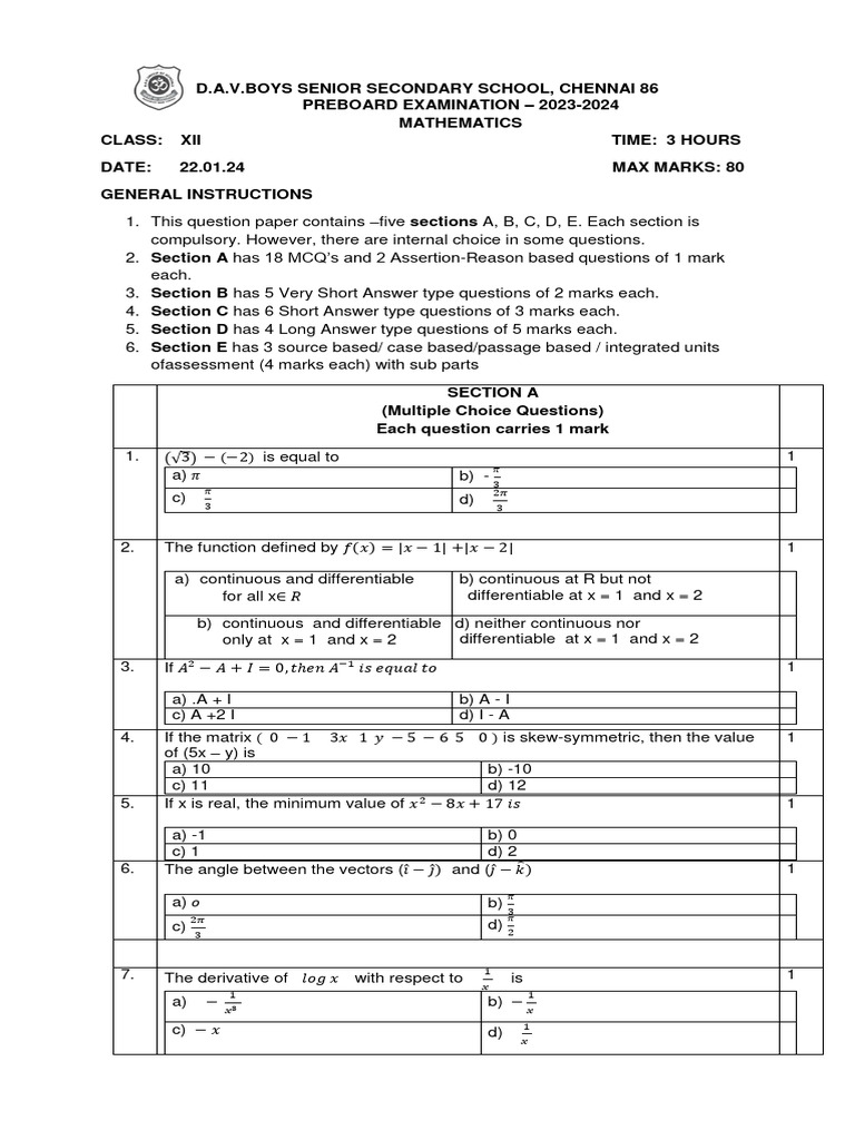 Xii Preboard Examination 24 - 1 | PDF | Cartesian Coordinate System ...