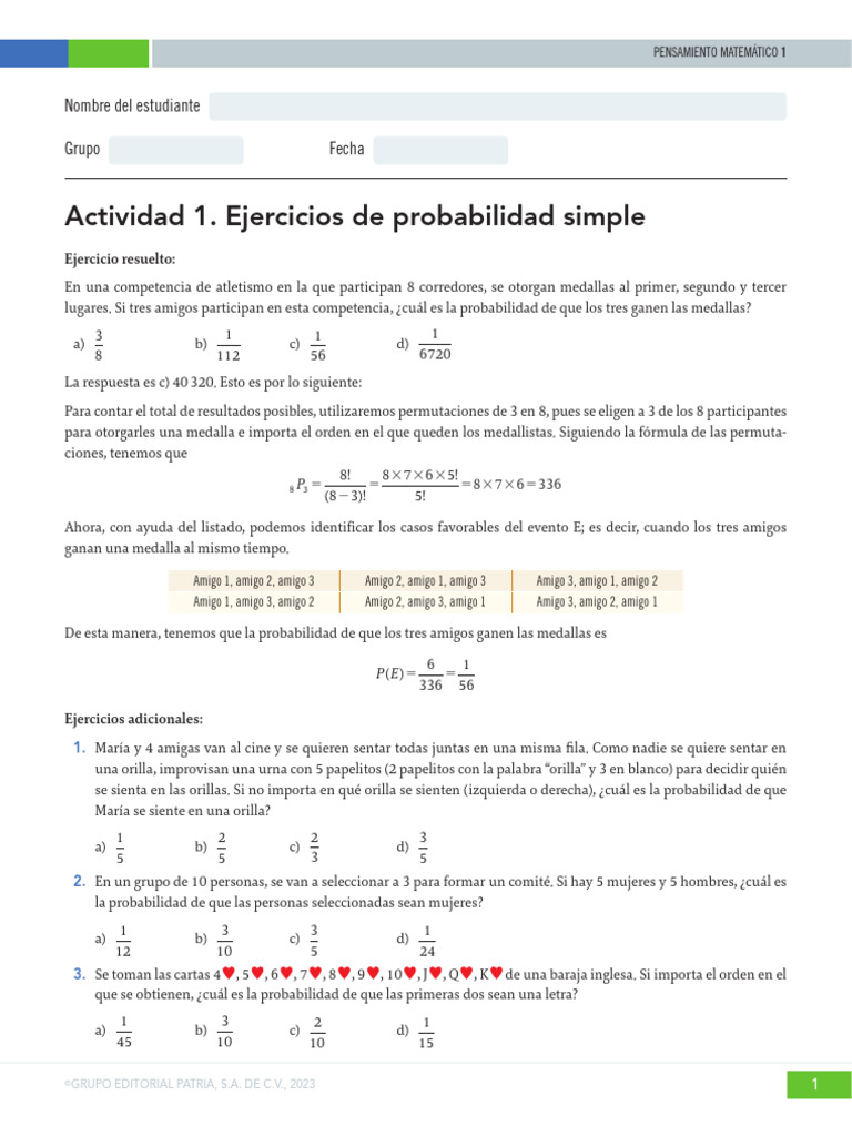 Actividad 1. Ejercicios de Probabilidad Simple: Nombre Del Estudiante Grupo Fecha | PDF