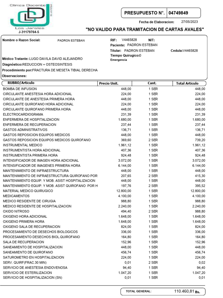 Presupuesto Padron Esteban | PDF | Cirugía | Medicina