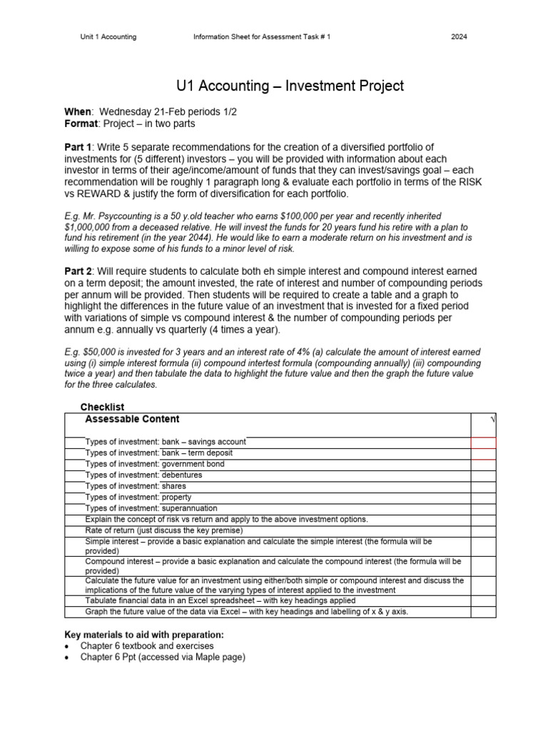 U1 Acc - Assessment Task # 1 Information Sheet - Investment Project ...
