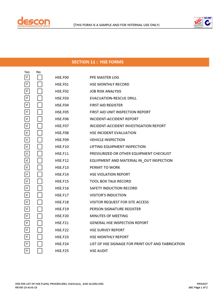 Section 11 Hse List of Forms, Plans, Procedures, Manual and Guidelines ...