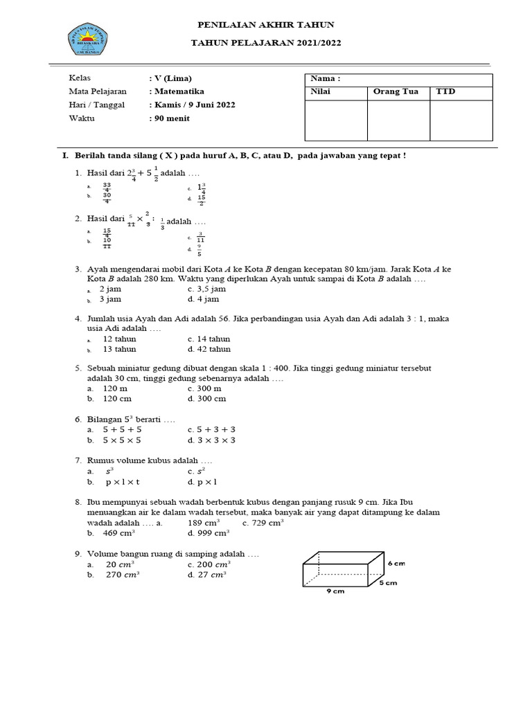 Latihan Soal Pat MTK 2021-2022 | PDF