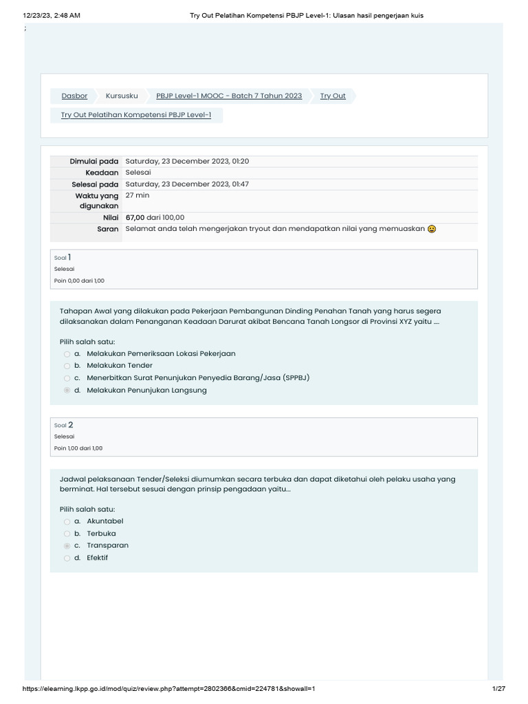 Try Out Pelatihan Kompetensi PBJP Level-1 - Ulasan Hasil Pengerjaan Kuis | PDF