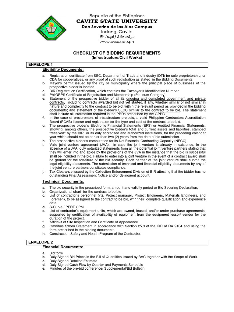 Checklist of Bidding Requirements Infra | PDF