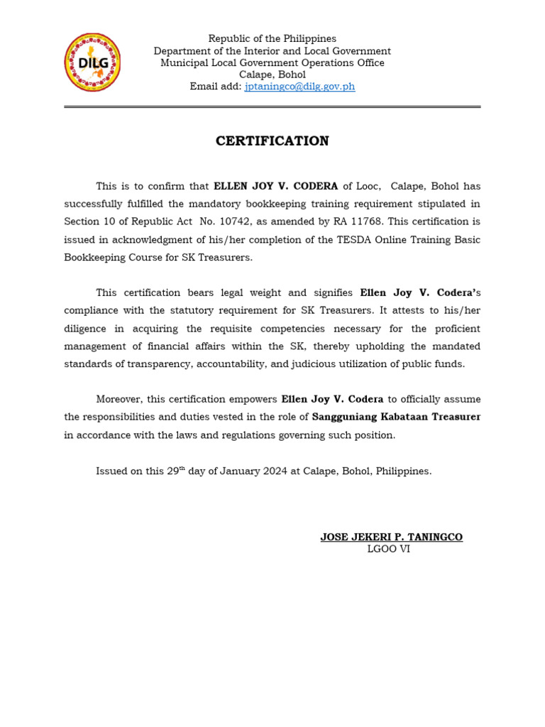 Calape For SK Chairman SK Treasurer Certification Bank | PDF | Certification | Governance