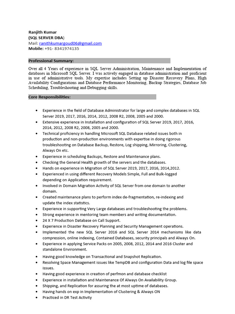 RanjithKumar - SQL Server - Mphasis | PDF | Microsoft Sql Server | Databases