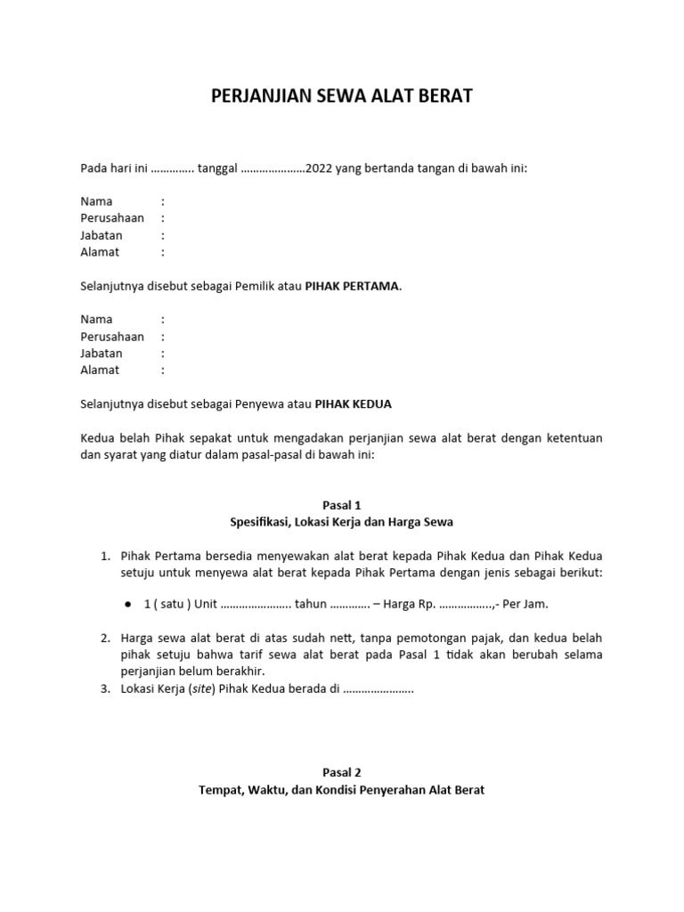 Surat Perjanjian Sewa Alat Berat | PDF