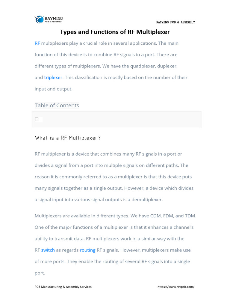 Types and Functions of RF Multiplexer | PDF | Multiplexing | Radio