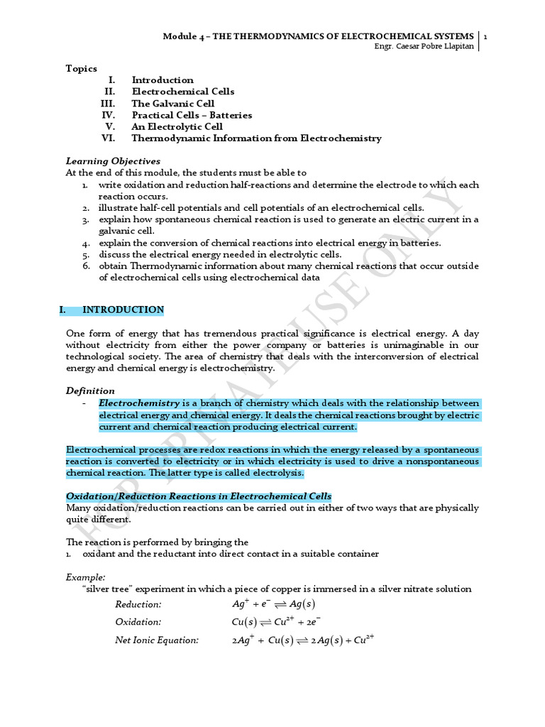 Module 4 - THE THERMODYNAMICS OF ELECTROCHEMICAL SYSTEMS 2023 | PDF | Electrochemistry | Redox
