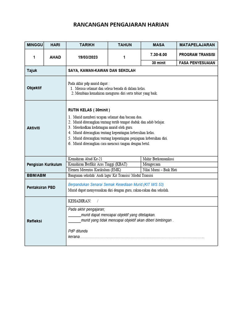 RPH Transisi Fasa Penyesuaian 2023 | PDF