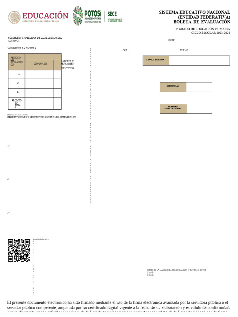 Boleta de Evaluación Primaria 2023-2024 | PDF | Educación primaria ...