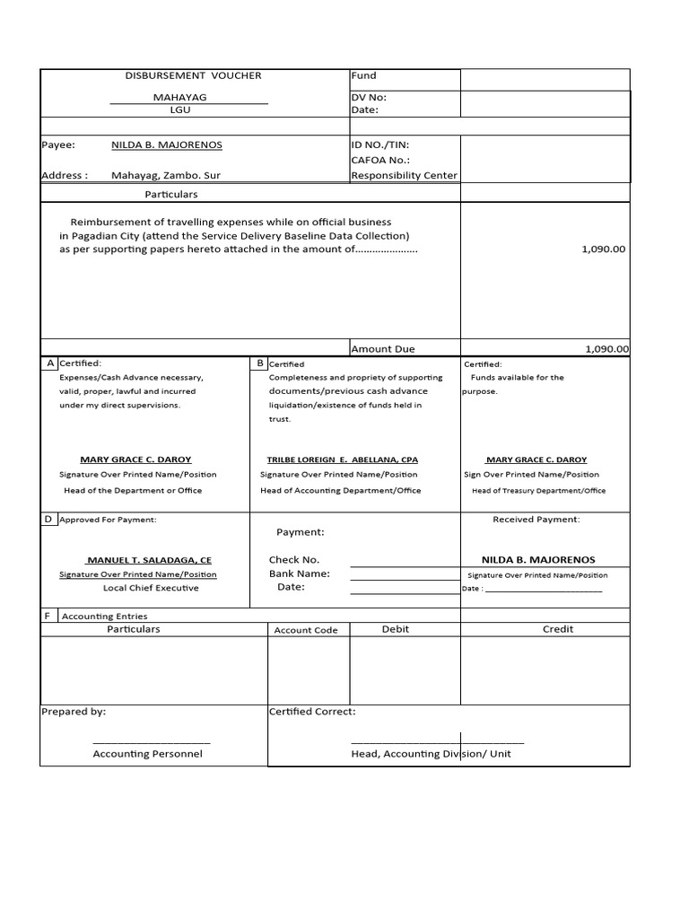 Disbursement Voucher for Travel Reimbursement | PDF | Payments | Credit ...