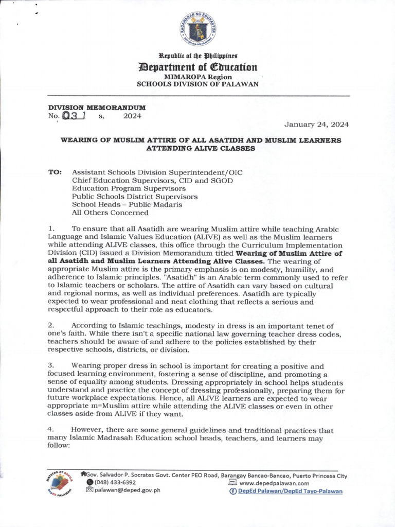 Division Memorandum No. 031 S. 2024 Wearing of Muslim Attire of All Asatidh and Muslim Learners ...