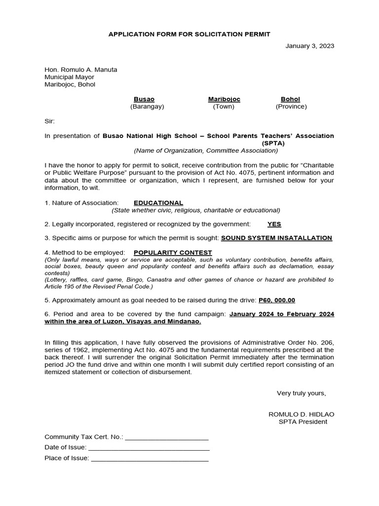 Application Form For Solicitation Permit | PDF | Justice | Crime & Violence