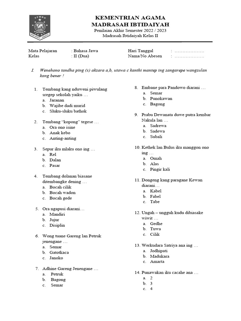 Soal Bahasa Jawa Kelas 2 | PDF