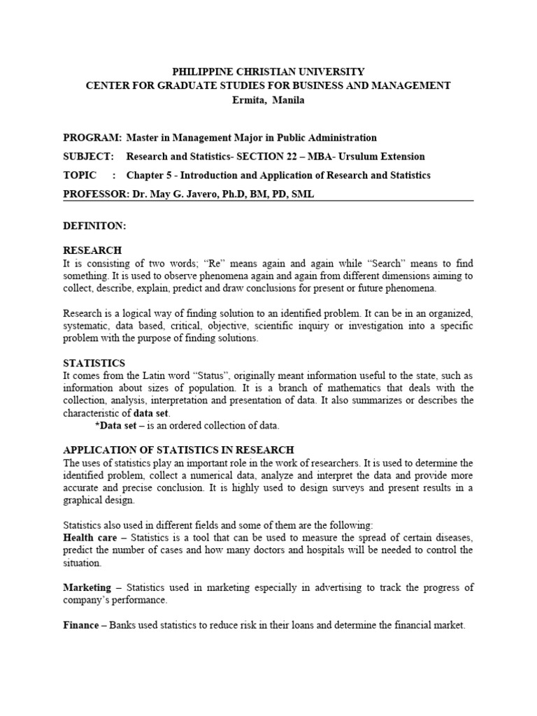 GROUP 1 SEC. 22 MPA Chapter 5 Introduction and Application of Research Statistics | PDF ...