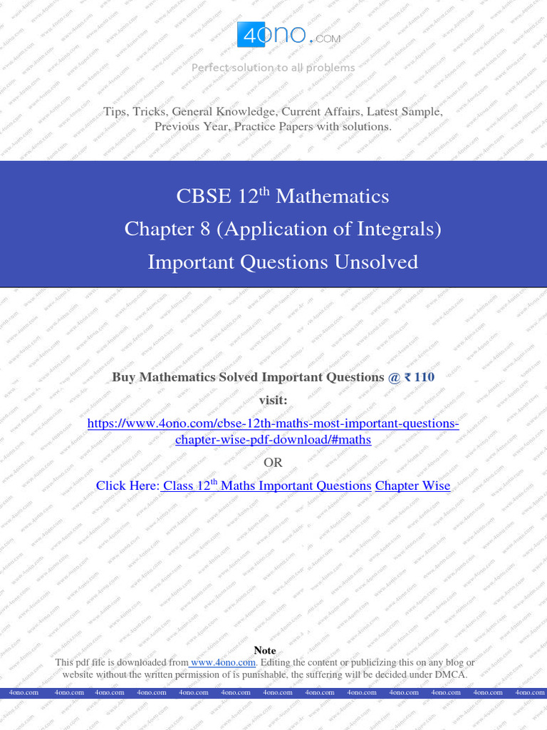 Class 12th Maths Chapter 8 (Application of Integrals) Unsolved | PDF ...