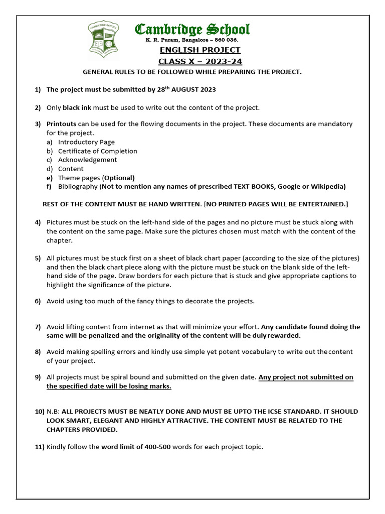STD 10 - Projects Guidelines of All Subjects 1681373974 | PDF ...