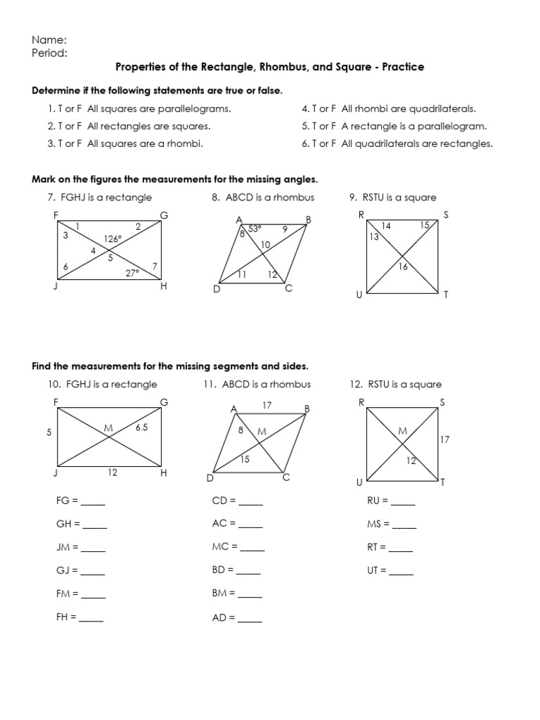 8.4 HW PropertiesRectRhomSquPractice | PDF | Rectangle | Euclidean Geometry