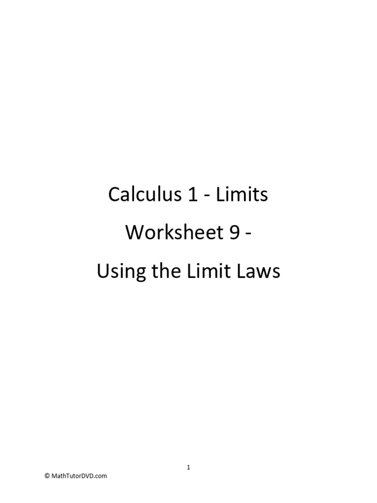 Calculus 1 Limits Worksheet 9 Using The Limit Laws PDF