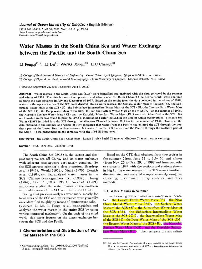 Aa Inti Water Mass Sulu Fengqi Et Al 2002 | PDF | Oceans ...