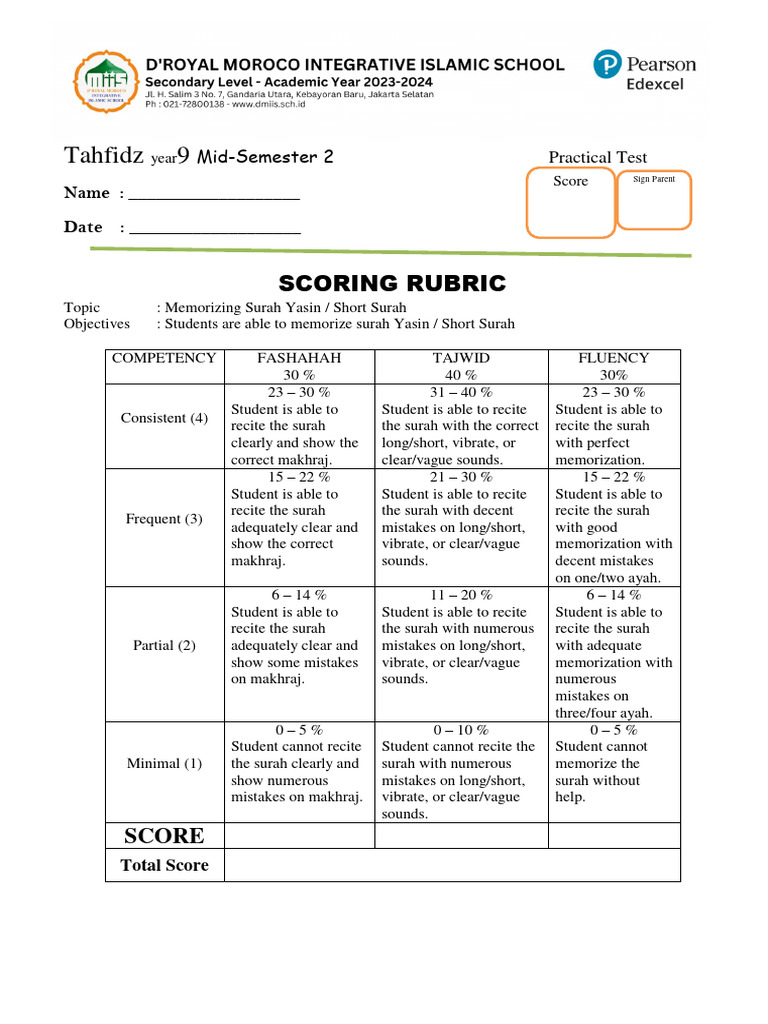 SCORING RUBRIC 23-24 - Mid Test 2 - Tahfiz-9 | PDF | Religious Texts ...