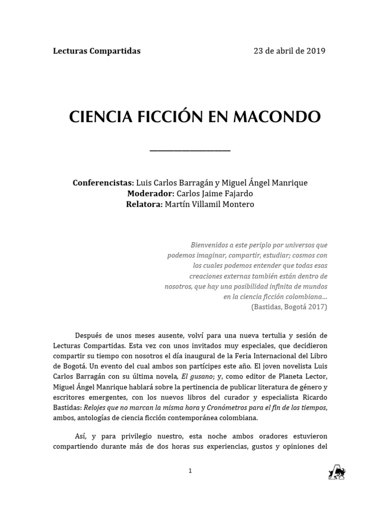 Relatoria Ciencia Ficcion en Macondo | PDF | Ciencia ficción | Autor