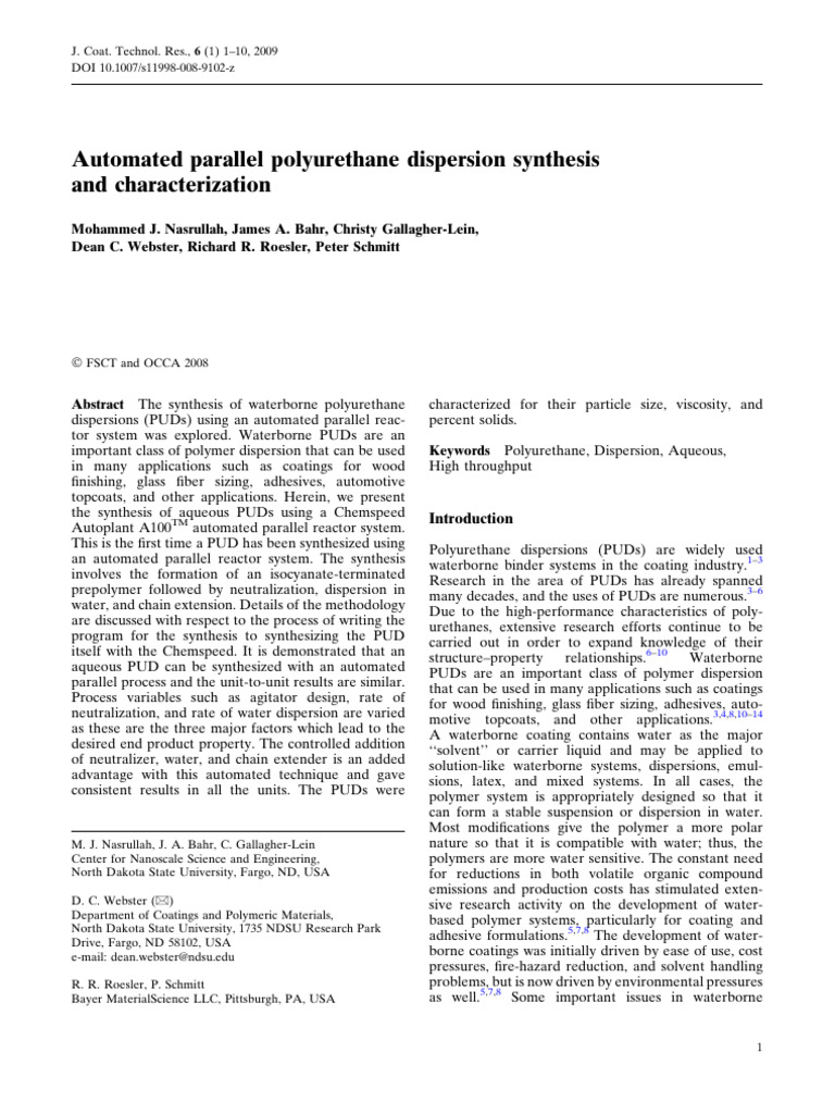 Automated Parallel Polyurethane Dispersion Synthesis and Characterization | PDF | Chemical ...