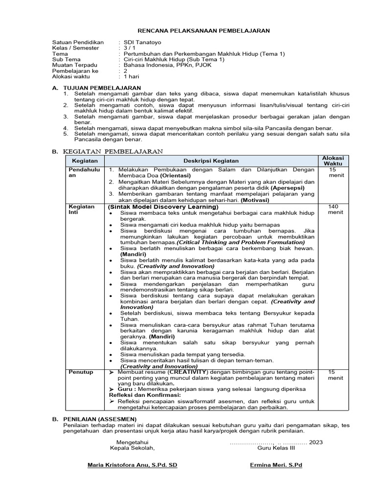 RPP Kelas 3 Tema 1 Subtema 1 Pembelajaran 2 K13 | PDF