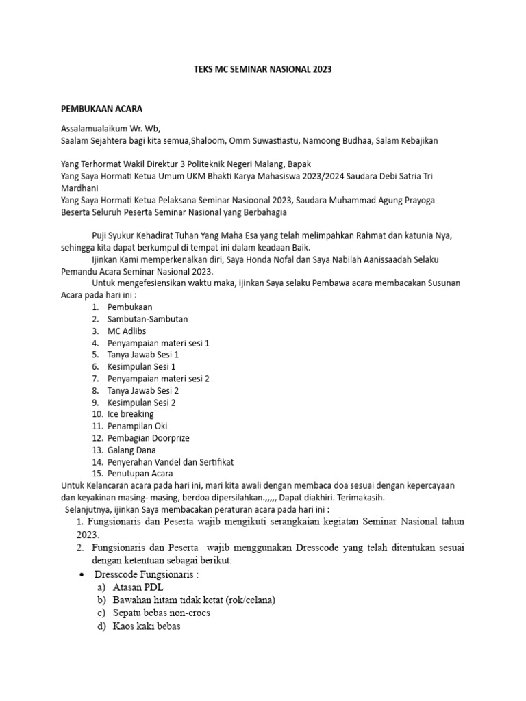 Teks MC Seminar Nasional 2023 | PDF