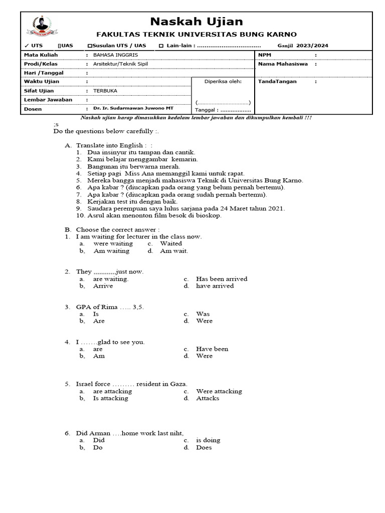 Kop SOAL UTS Ganjil 23-4-Bahasa Inggris | PDF