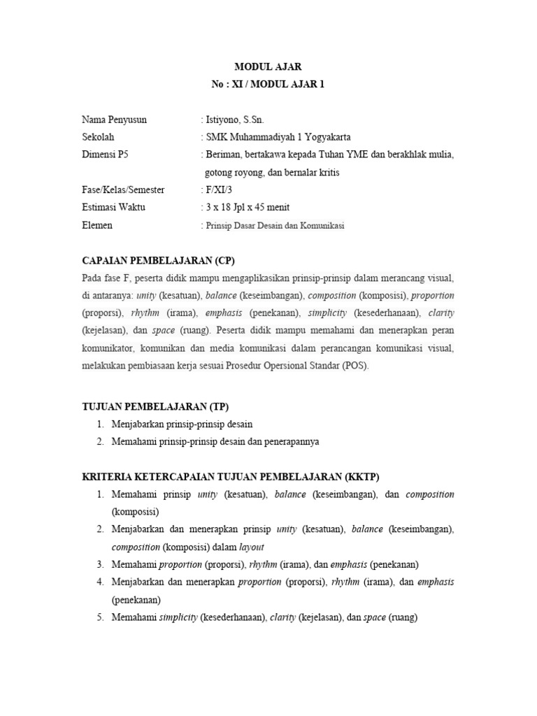 Modul Ajar Prinsip Desain XI DKV 2 (Ambil Penilaiannya) | PDF